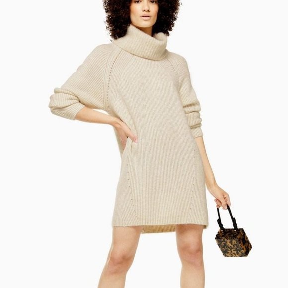 Topshop | Dresses | Topshop Turtle Neck Ribbed Sweater Dress In Oak ...